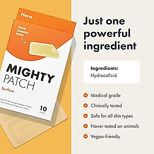Mighty Patch Surface from Hero Cosmetics - Hydrocolloid Spot Patch for Body, Cheek, Forehead, and Chin, Vegan-friendly and Not Tested on Animals (10 Count)