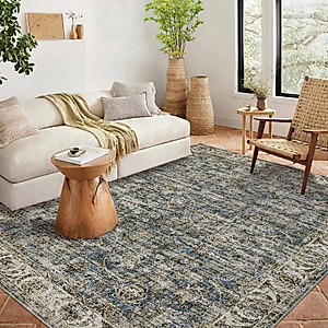 GarveeHome Washable Area Rugs 4x6 Rug Vintage Area Rug for Bedroom Non Slip Entryway Rug Chenille Living Room Rugs Distressed Non Shedding Stain Resistant Carpet for Nursery Office Blue 4'x6'