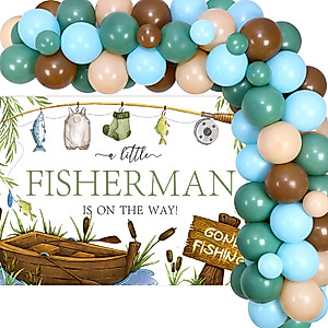 kreat4joy Fishing Baby Shower Decorations for Boy, Gone Fishing Baby Shower Decorations, Blue Green Brown Balloon Arch with a Little Fisherman Is On The Way Backdrop for Fish Outdoor Adventure Camping