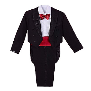 Dressy Daisy Baby Boy Tuxedo Black Suit 5 Pieces Set Formal Wear Wedding Outfit Size 18-24 Months, with Red Cummerbund