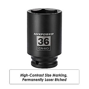MIXPOWER 1/2" Drive Deep Impact Socket, CR-MO, 36 mm, METRIC, 6 Point, Axle Nut Impact Grade Socket for Easy Removal