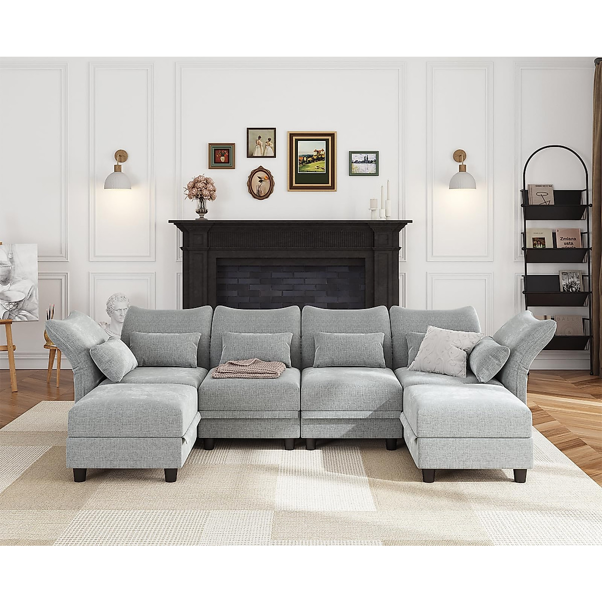 LLappuil Chenille U Shaped 6 Piece Sectional Sofa for Living Room Modular Sofa Sectional Couch with Reversible Chaise and Storage Ottoman, Grey
