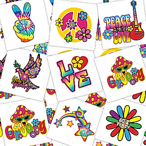 Chinco 144 Pieces Hippie Temporary Tattoo Stickers for Kids 70s 80s 90s Groovy Hippie Tattoos Hippie Face Tattoos Love and Peace Tattoos Multi Temporary Tattoos Decals for Tie Dye Hippie Party Favors
