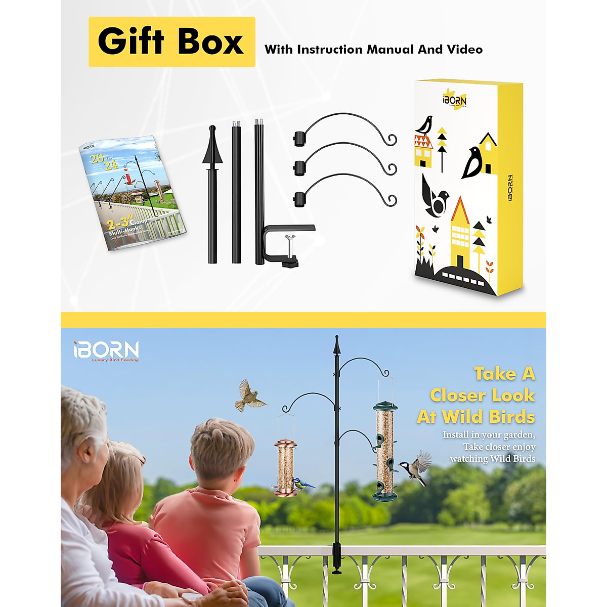 iBorn Shepherds Hooks for Outdoor Clamp On Deck Hook for Bird Feeder 45 Inch Bird Feeder Hangers for Deck Railing Humming Bird Feeders Hanging Tri-Hooks 2024 New (Feeders are Not Included)