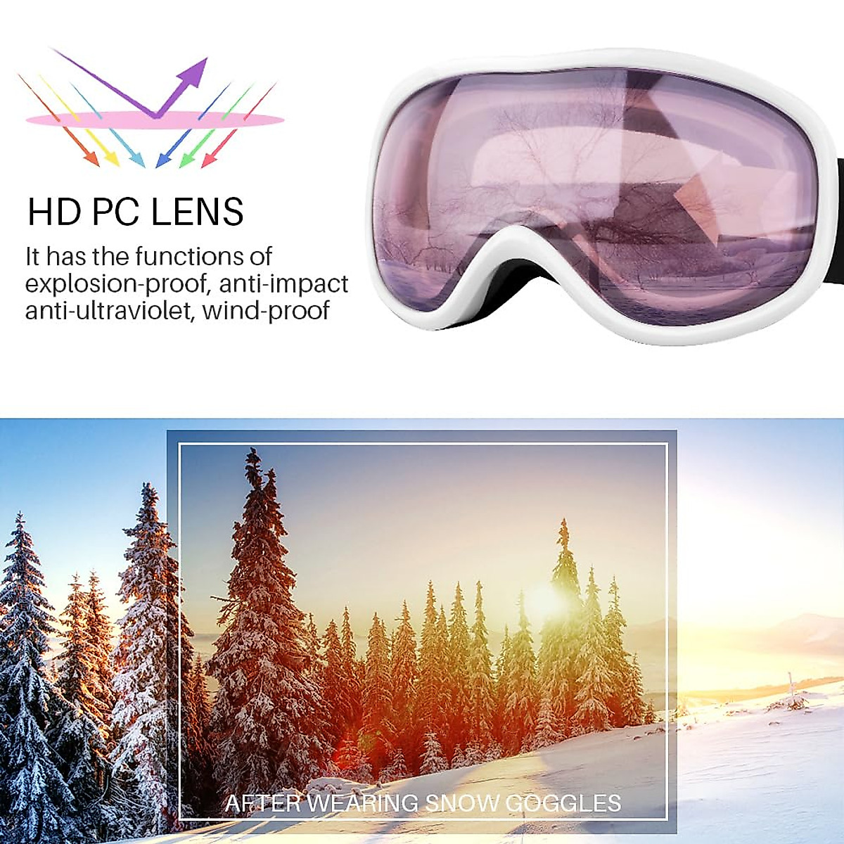 GGBuy Ski Goggles OTG Design Snowboard Goggles UV400 Protect Eyewear Overall Lenses Anti-Fog Windproof Outdoor Snow Sport Glasses
