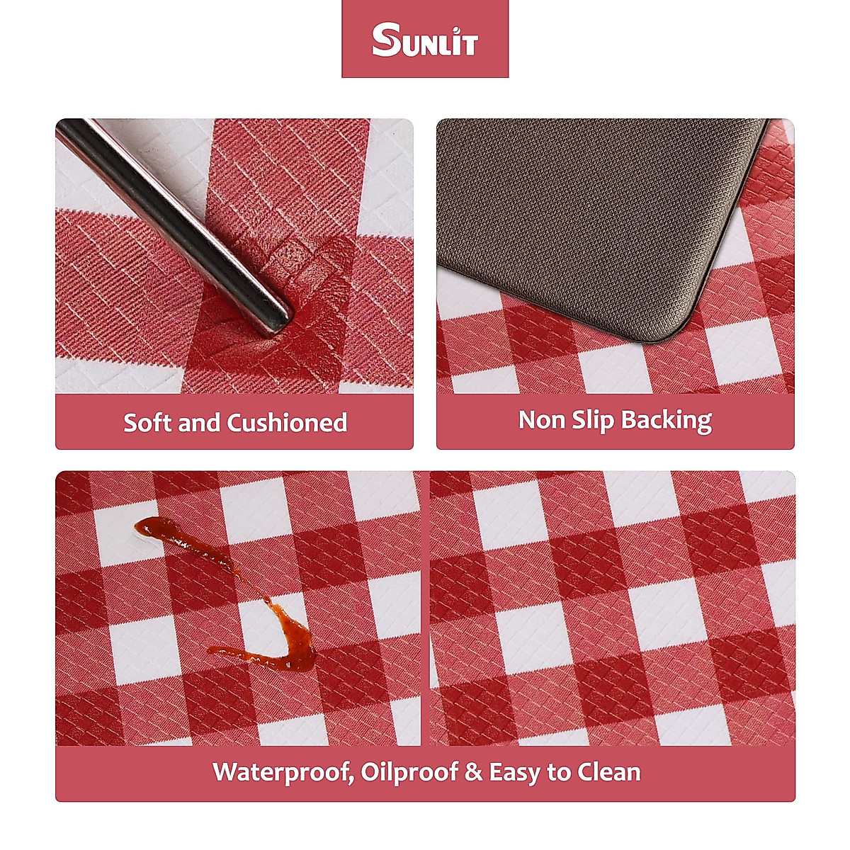 Sunlit Set of 2 Anti Fatigue Kitchen Floor Mat, Non Slip Waterproof Comfort Standing Mat, 0.4 Inch Thick Cushioned Farmhouse Kitchen Rug Runner, White Red Buffalo Check (17"x28"&17"x47")