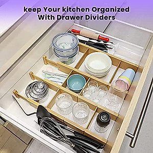 NuStar Technology 6 Pack Bamboo Drawer Dividers with 12 inserts – 16.3-22 Inches Expandable and Adjustable Drawer Dividers for Baby Clothes, Kitchen, Office, Organizer, with Non-Skid Grip