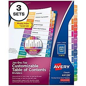 Avery Jan-Dec 12 Tab Dividers for 3 Ring Binders, Customizable Table of Contents, Multicolor Tabs, 3 Sets (44128)