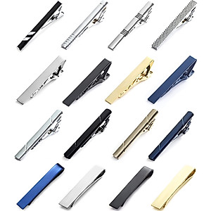 WAINIS 16 PCS Tie Bar Clip, Tie Tack Pins Tie Clips for Men Father's Day Silver Necktie Bar Pinch Clip Set Metal Clasps Business Professional Fashion Designs