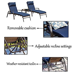 LOKATSE HOME 3 Pieces Outdoor Patio Chaise Lounge Chair Lounger Seating Furniture Set with Cushions and Table, Navy Blue
