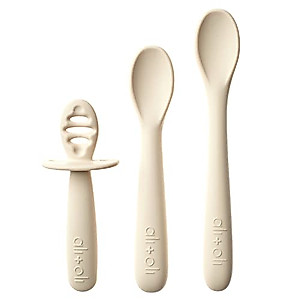 Ali+Oli (3pc) Silicone Spoon Set for Baby (Coco) Unbreakable Silicone Baby Spoon, Baby Spoons Self Feeding 6 Months & Up, Self Feeding Baby Utensils, Multi-stage Baby Feeding Spoon, Ergonomic Design