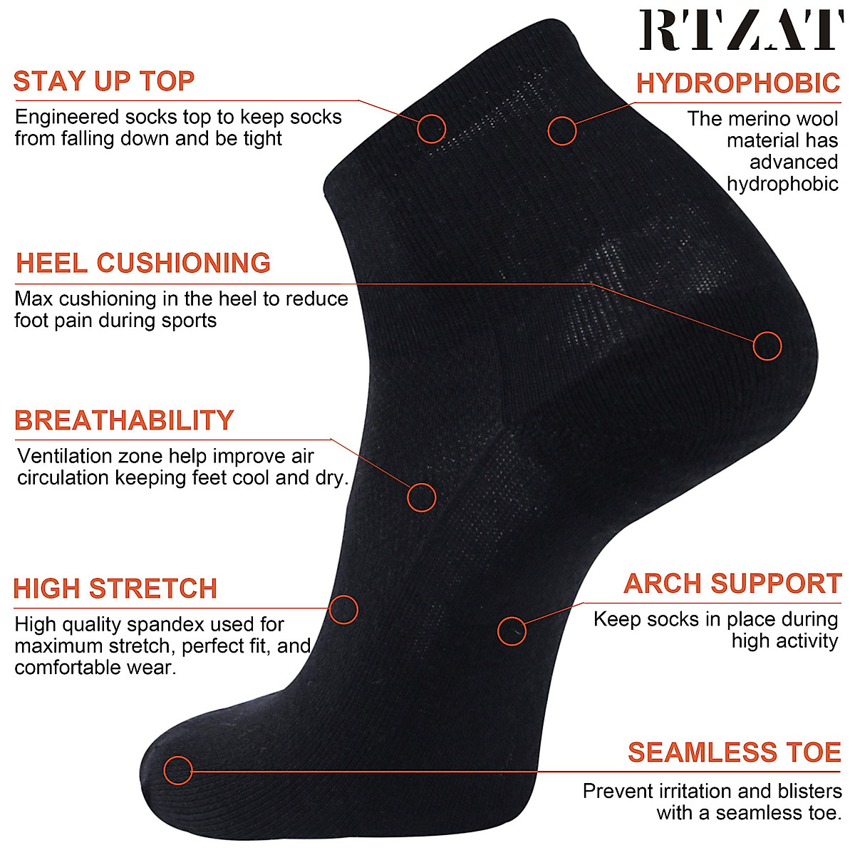 RTZAT 90% Merino Wool Ankle Men's Women's Athletic Business Casual Running Moisture Wicking Everyday Thin Wool Socks, Large, Black, 3 Pairs