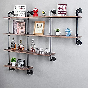 Womio 4-Tiers Industrial Floating Shelves Wall Mounted,63inch Rustic Pipe Shelf for Kitchen or Office Organizer,Real Wood&Metal Wall Shelf,Farmhouse Decorative Bookshelf,Retro Grey