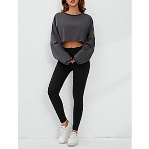 Meladyan Women Long Sleeve Crewneck Crop Top Tee Shirt Sweatshirt Casual Solid Loose Fit Workout Cropped Pullover Tshirt Dark Grey
