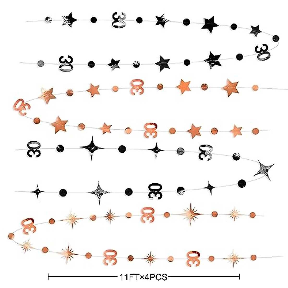 Rose Gold Black 30th Birthday Decorations Number 30 Circle Dot Twinkle Star Garland Metallic Streamer Bunting Banner Backdrop for Mens Womens Happy Dirty 30 Year Old Thirty Anniversary Party Supplies