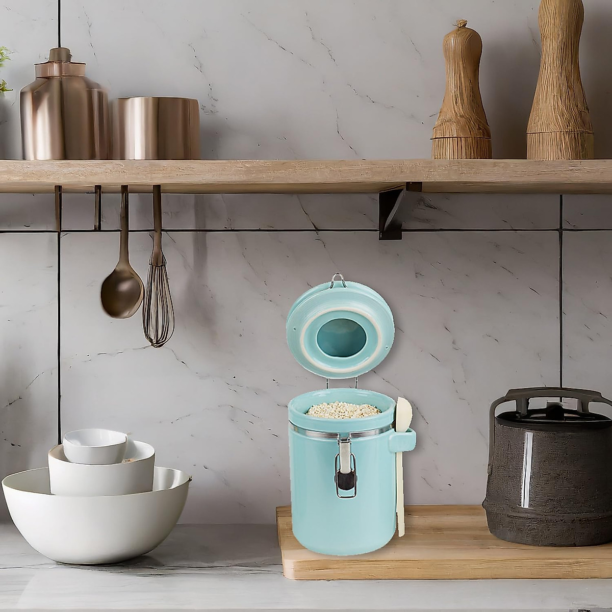 Canister Sets For The Kitchen (4 Piece) Turquoise, High Gloss Ceramic | By Home Basics | Decorative Kitchen Set | With Wooden Spoons, Countertop Set For Flour, Sugar, Coffee, and Snacks