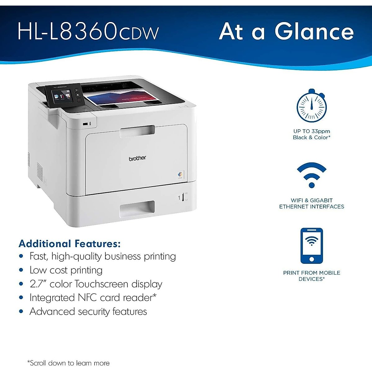 Brother HL-L8360CDW Business Color Laser Printer, 33ppm, Ethernet, 2.7” Color Touch LCD, Auto 2-Sided Printing, NFC Connectivity, PCM