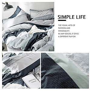 VClife Cotton Queen Duvet Cover White Grey Blue Stripe Bedding Sets Lightweight Modern Style Geometric Comforter Cover with Zipper Closure (1 Queen Size Duvet Cover and 2 Pillowcases) Breathable Soft