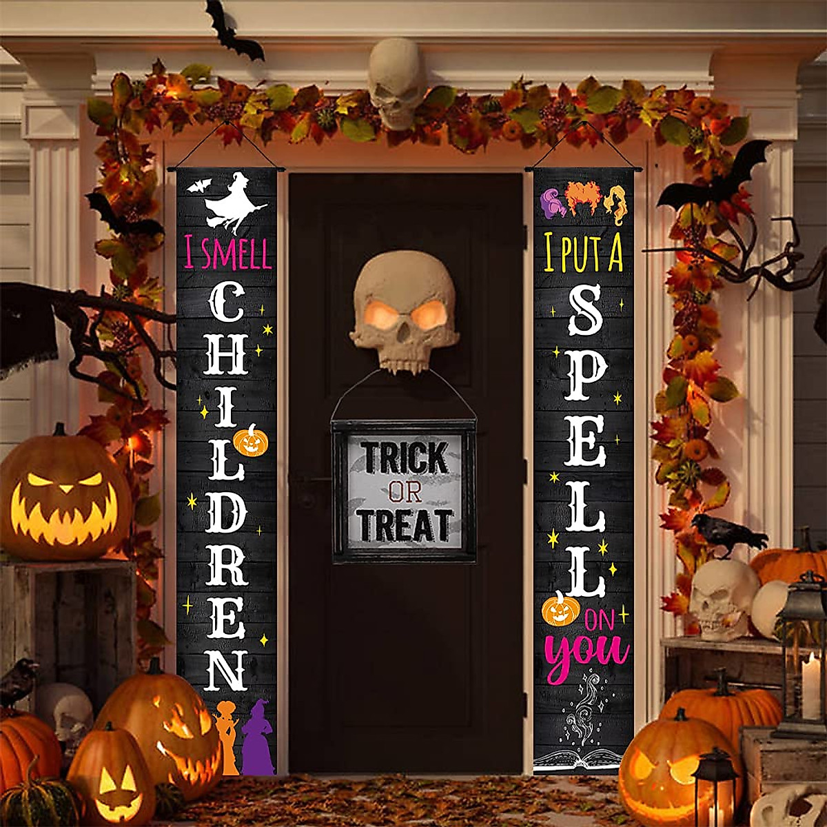 Hocus Pocus Halloween Decorations Outdoor - I Smell Children I Put A Spell On You Front Porch Sign & Hanging Banners for Outside Decor