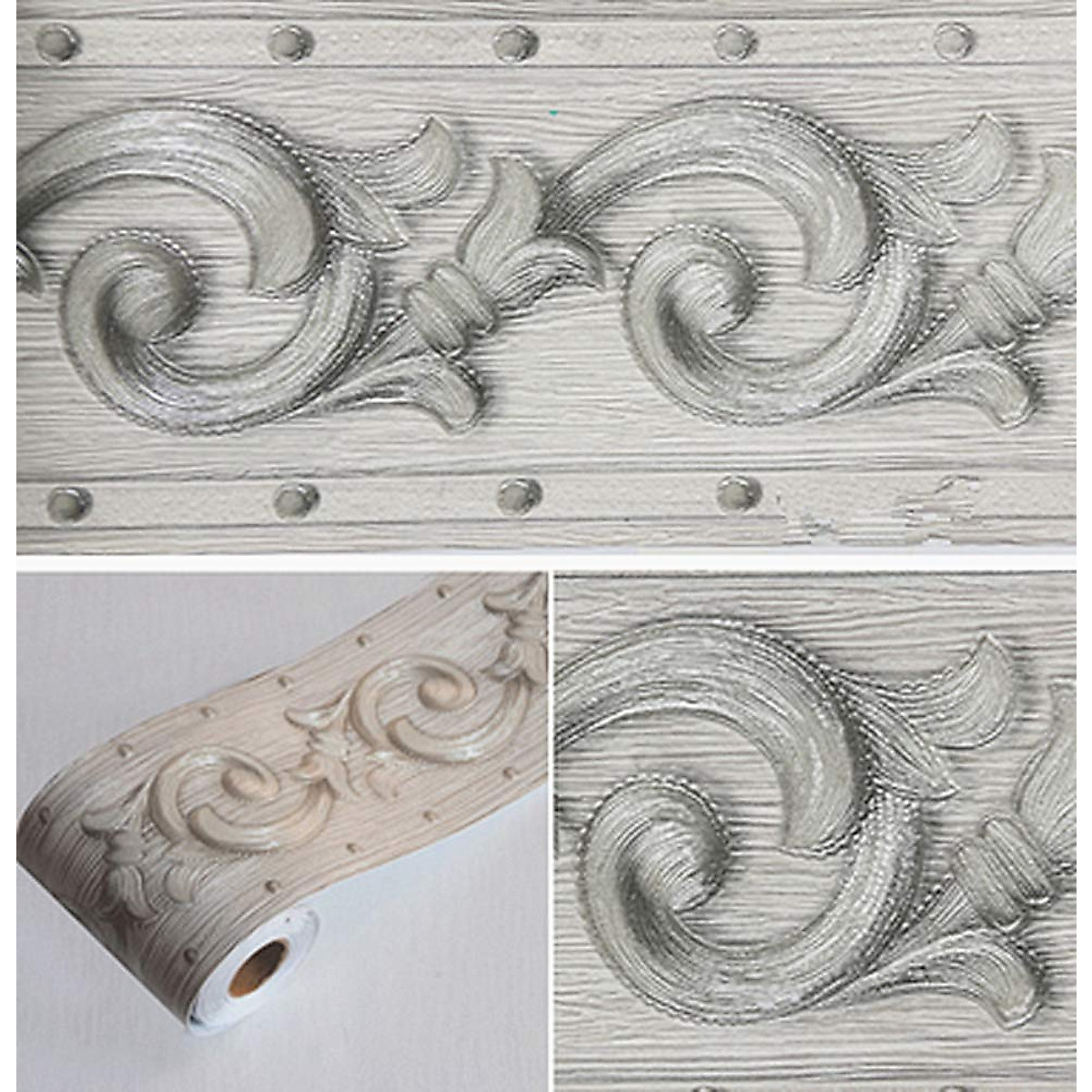 REDODECO Elegant Silver Grey Floral Molding Wallpaper Border Peel Stick Home Ceiling Decorative Border for Bathroom Living Room Kitchen 4inch by 16.4ft