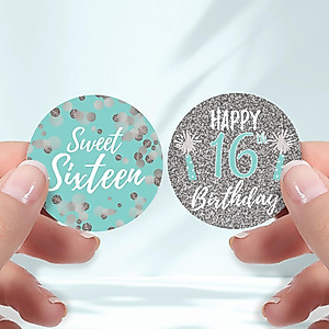 Blue Sweet 16 Birthday Stickers - Sixteen Happy 16th Party Round Labels - 40 Count
