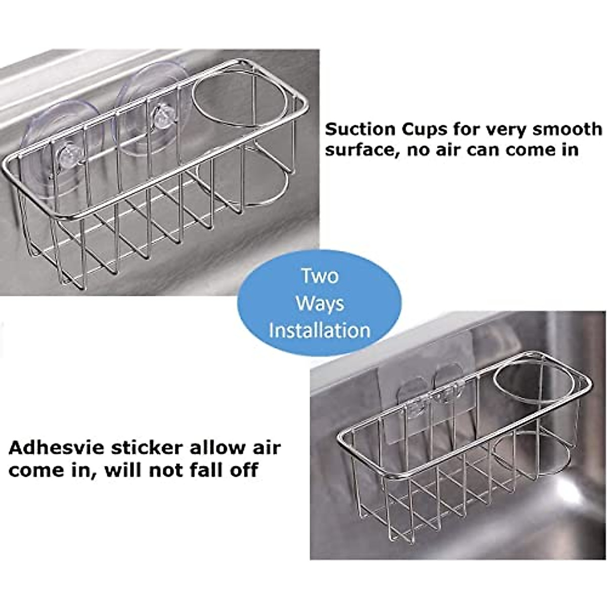 TESOT Sink Caddy Sponge Holder Brush Holder 2 in 1 with Upgraded Suction Cups or Using Adhesive Hooks, SUS304 Stainless Steel, Silver