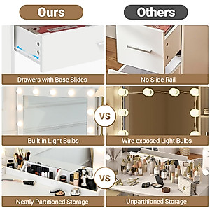 Likein Vanity Desk with Mirror and Lights, Makeup Vanity Desk with Lights, Modern Dressing Table with Charging Station 2 Drawers & Cabinet for Girls Women