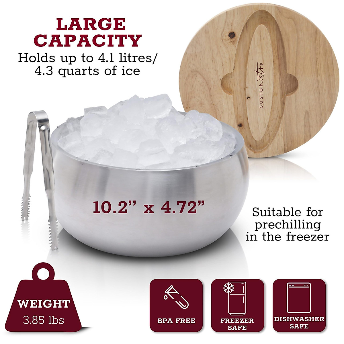 Gusto Nostro 4.1L Insulated Ice Bucket with Lid and Tongs, Double Wall Stainless Steel Ice Bucket Large, BPA Free Ice Bucket for Cocktail Bar, Keeps Champagne, Wine, Beer Chill for Parties