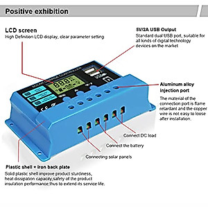 Peidesi PWM 30A Solar Charge Controller 12V 24V PV Regulator for Lifepo4 Lithium Gel Lead Acid for 100W 200W 300W Solar Panel LCD Display Dual USB 5V Output PDS-12V30A-CON