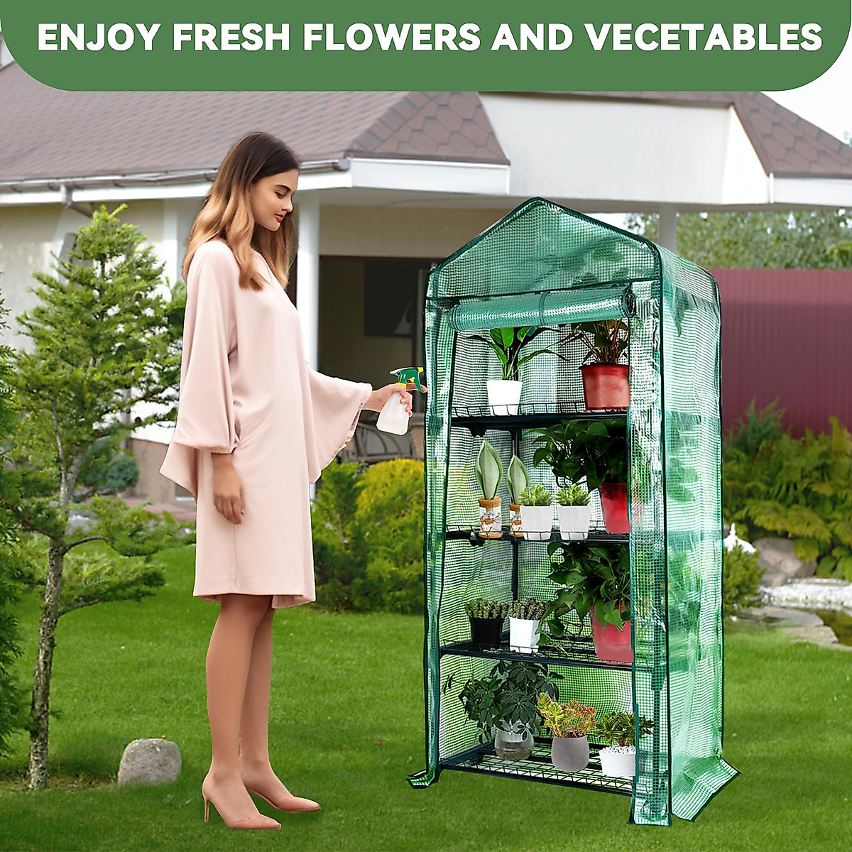 Dstone Mini Greenhouse 4-Tier Sturdy Shelves 29X20X57inch Grow Plants,Seeding,Flowers Indoor Outdoor,for All Seasons in Garden