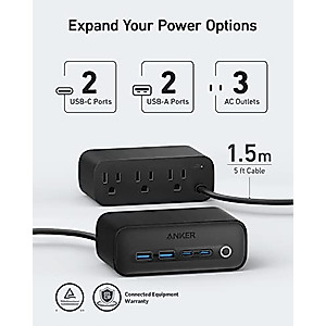 Anker 525 Charging Station, 7-in-1 USB C Power Strip for iphone13/14, 5ft Extension Cord with 3AC,2USB A,2USB C,Max 65W Power Delivery Desktop Accessory for MacBook Pro, Home, Office (Phantom Black)