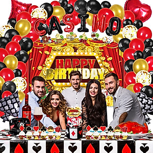 LXlucktim Casino Theme Birthday Party Decorations, 144 Pcs Las Vegas Party Decor Supplies - Backdrop, Cake, and Cupcake Toppers, Balloons, Hanging Swirls, Cupcakes Wrappers