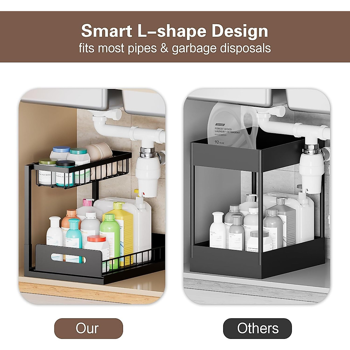 2 Pack Under Sink Organizers and Storage, UINOFLE 2 Tier Sliding Cabinet Organizer Drawer with 8 Hooks Adjustable Depth Pull Out Cabinet Organizer Multi-Purpose Organizer for Bathroom Kitchen (Black)