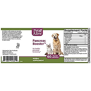 PetAlive Pancreas Booster - All Natural Herbal Supplement for Pancreatic Health and Digestive Functioning in Cats and Dogs - Supports Healthy Insulin Production - 60 Veggie Caps