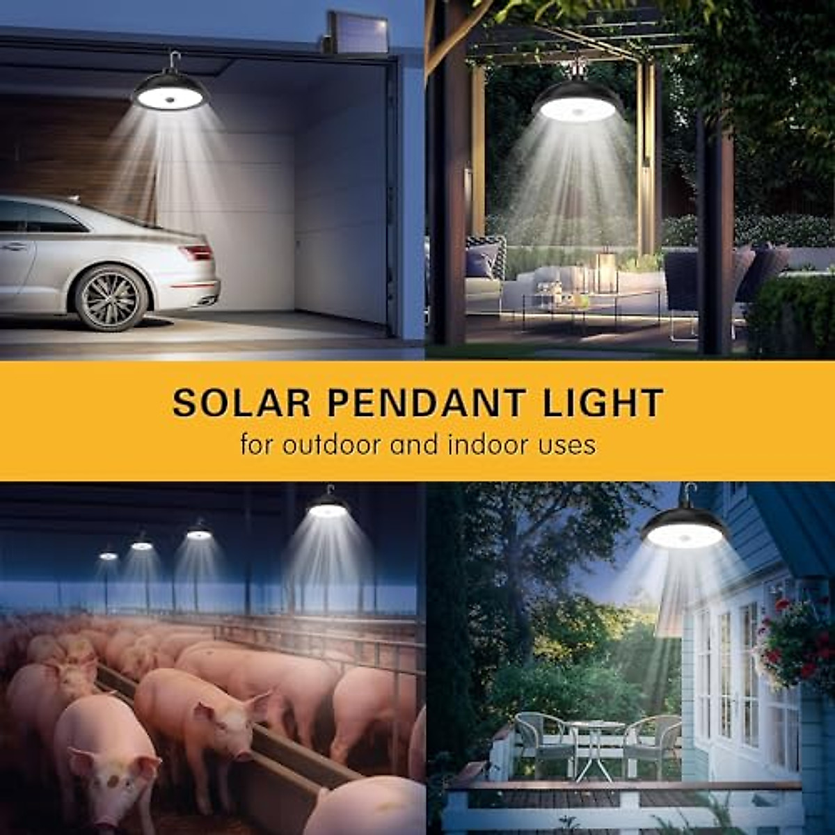 SyouHome Solar Pendant Lights, 78 LED 900LM Dual Head Solar Shed Lights with Motion Sensor/IP65 Waterproof/4 Modes, Solar Daytime Work Lights for Outdoor, Inside House, Garden, Patio, Barn, Shed