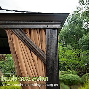 PHI VILLA 10' X 12' Outdoor Hardtop Gazebo on Clearance, Double Roof Gazebo with Curtains and Netting, Permanent Pavilion Gazebo with Aluminum Frame for Patios, Gardens, Lawns(Brown)
