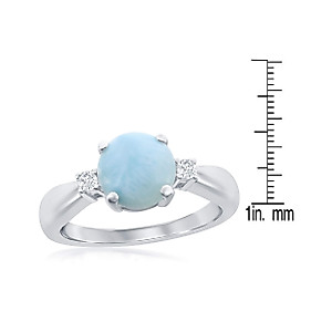 Sterling Silver High Polish Four-Prong Round Larimar with CZ Ring (Size 8)