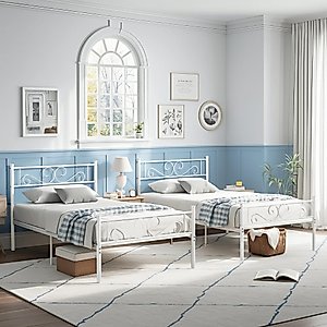 VECELO Twin Size Bed Frame with Headboard, 14 Inch Metal Platform Mattress Foundation, No Box Spring Needed, Easy Assembly, 2 PCS, White