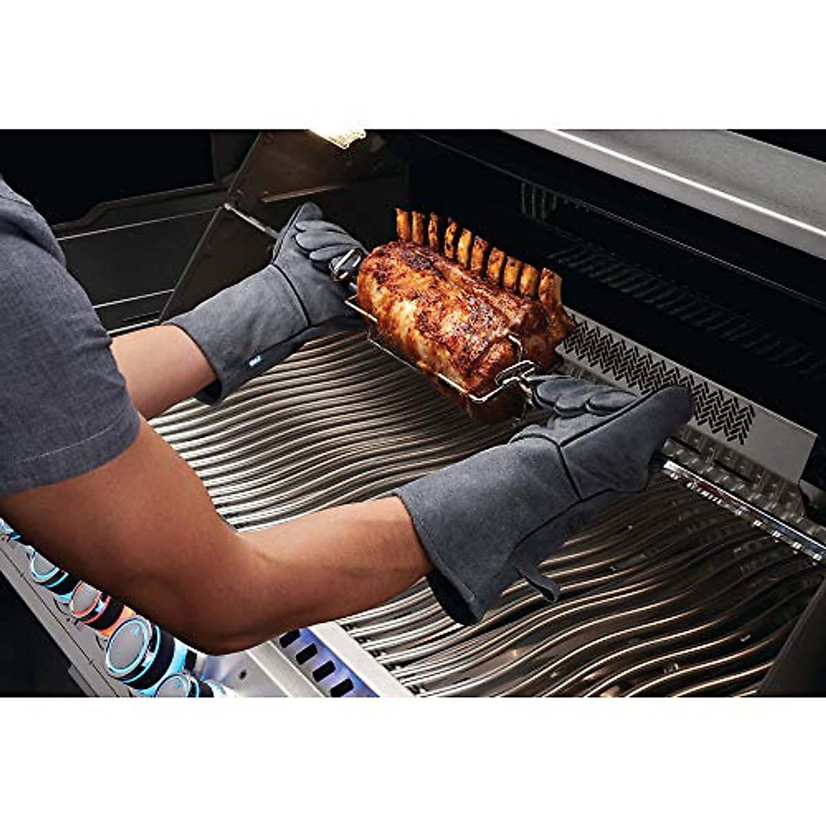 Napoleon BBQ Grill Accessory - Genuine Leather BBQ Gloves - 62147 - Grey, Leather, Heat Safe Gloves, Perfect for Barbecue, Camp Fire, Wood Fireplaces and Stoves, Long Length, Protects Forearms