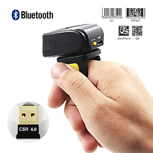 Bluetooth Ring 1D 2D QR Barcode Scanner,Wearable Wireless Finger Mini Bar Code Reader Scanner Compatible for Windows, Mac OS, Android 4.0+, iOS Support Scan QR PDF417 DataMatrix on Screen and Paper