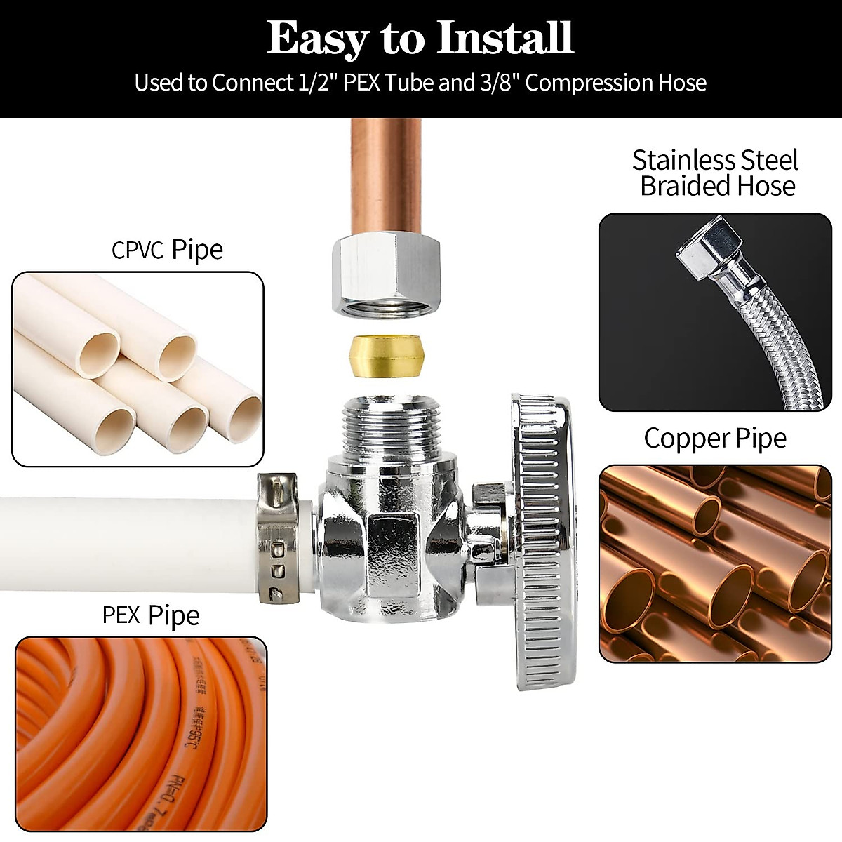 4 Pack Stop Valves, 1/4 Turn Angle Stop Valves, 3/8" OD Compression × 1/2" PEX Chrome Plated Brass for Faucet, Toilet Valves (4×Angle)
