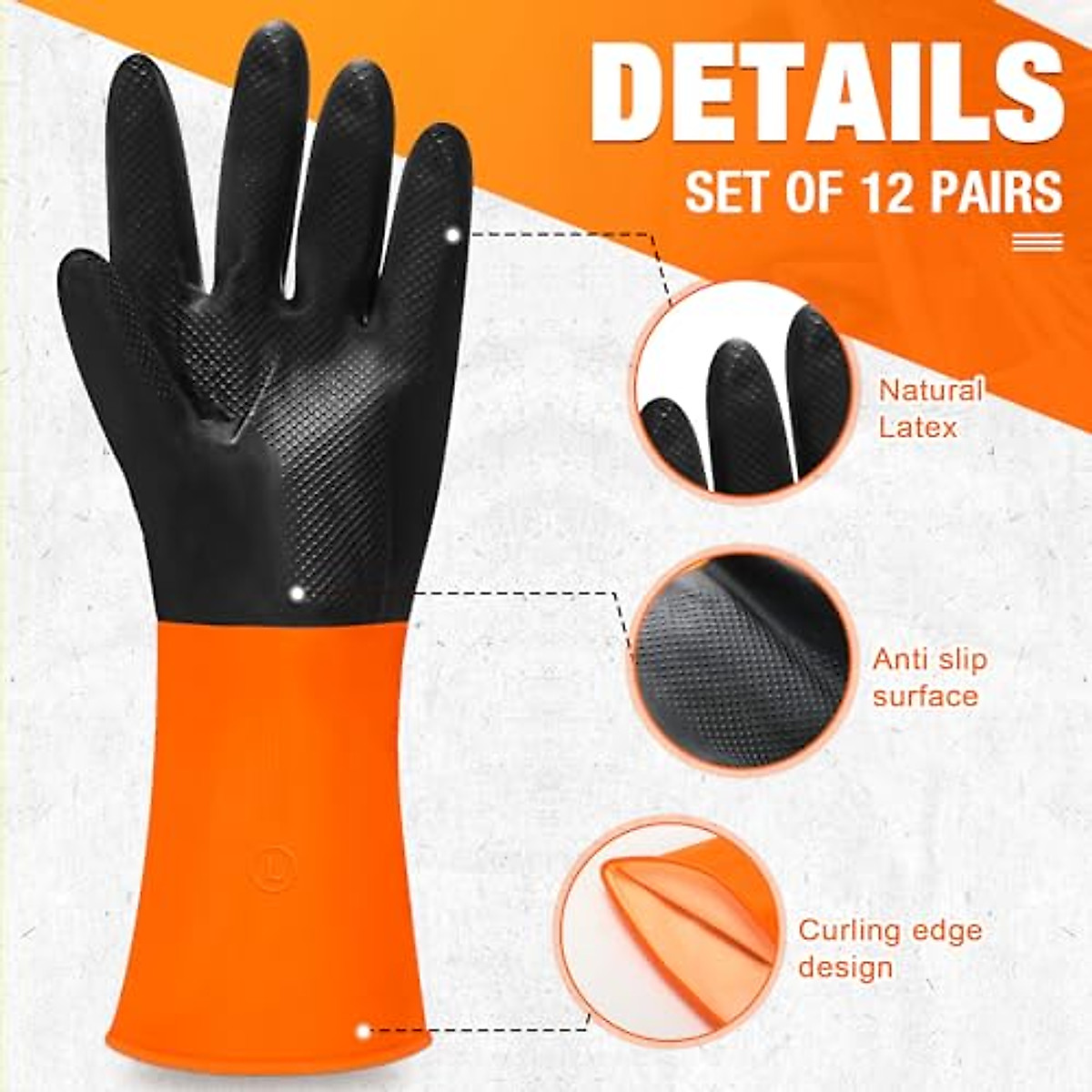 Copkim 12 Pairs Chemical Resistant Gloves Heavy Duty Industrial Reusable Latex Gloves, Resist Acid, Oil, Alkali (XL)