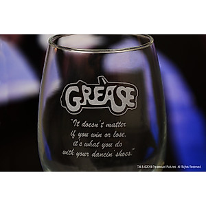 Grease Etched Stemless Wine Glass - w/Logo & Quote "It doesn't matter if you win or lose, it's what you do with your dancin' shoes" - Premium Quality Licensed, Handcrafted Glassware 15oz