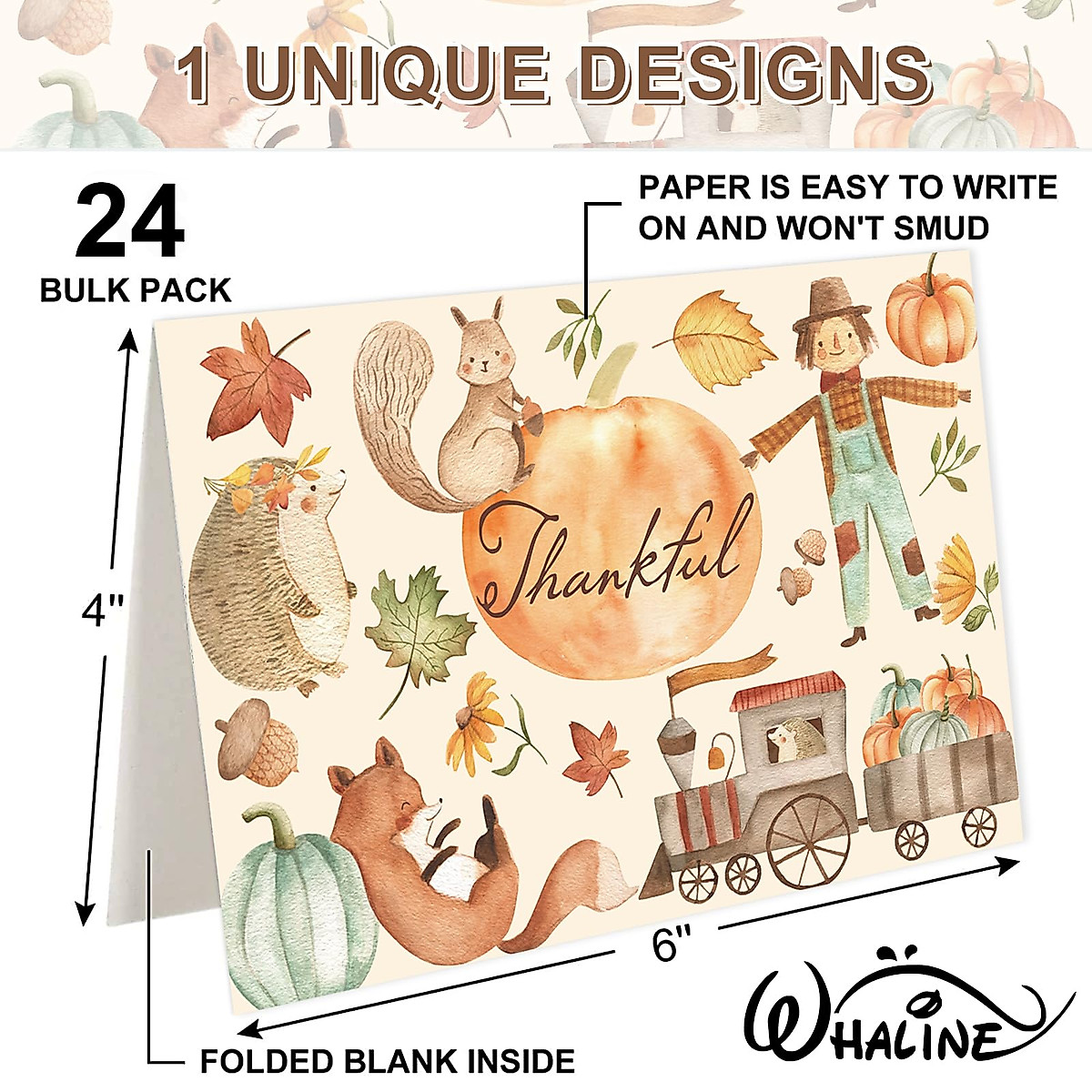 Whaline 24 Packs Fall Thankful Cards Watercolor Little Pumpkin Greeting Cards Autumn Animal Blank Note Cards with Envelopes and Stickers for Thanksgiving Baby Shower Birthday Party, 4 x 6 Inch