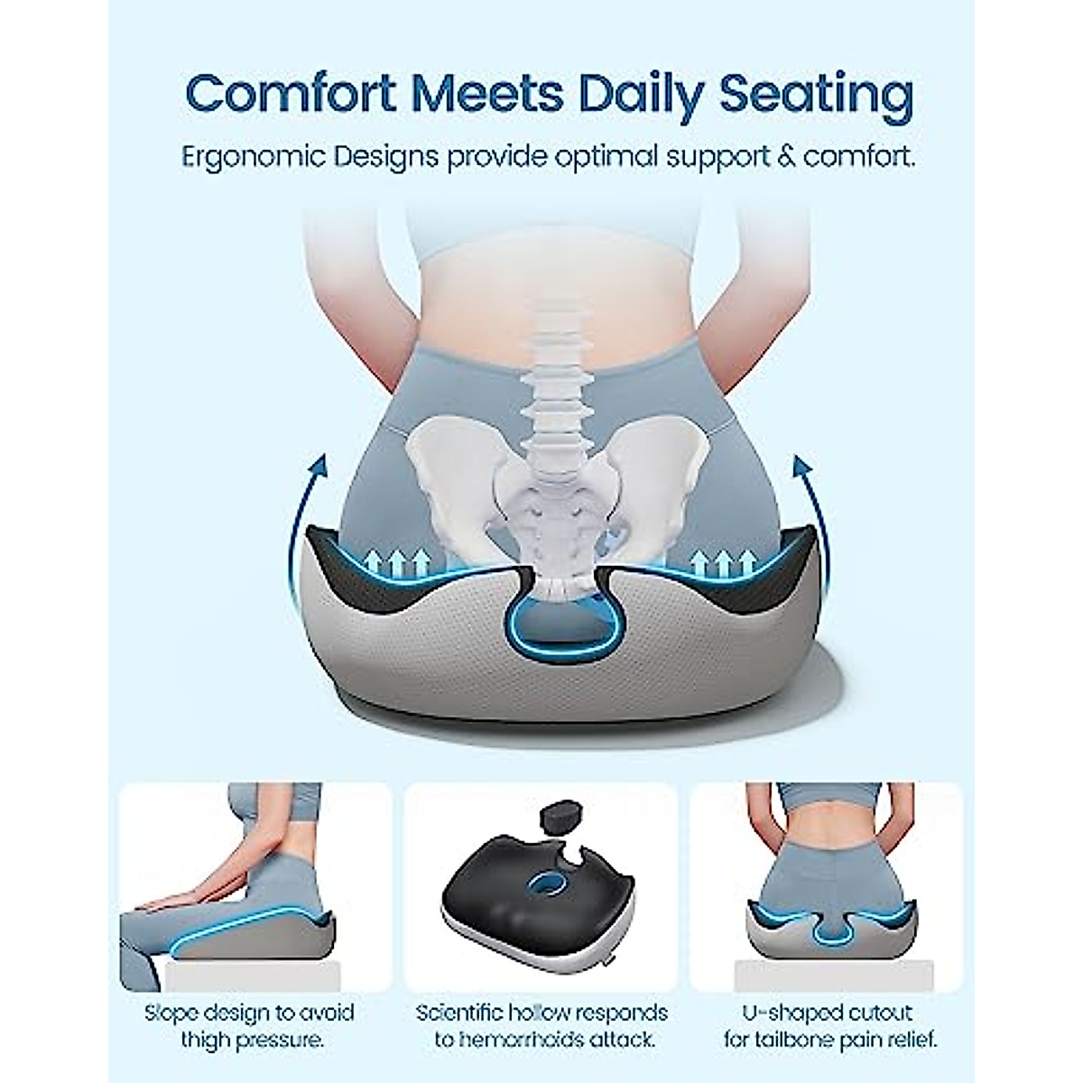 Multifunction Seat Cushion with Removable Insert for Long Sitting, Ergonomic Office Chair Cushion for Hemorrhoid, Sciatica, Tailbone Pain Relief, Non-Slip Memory Foam Butt Pillow for Office, Home, Car