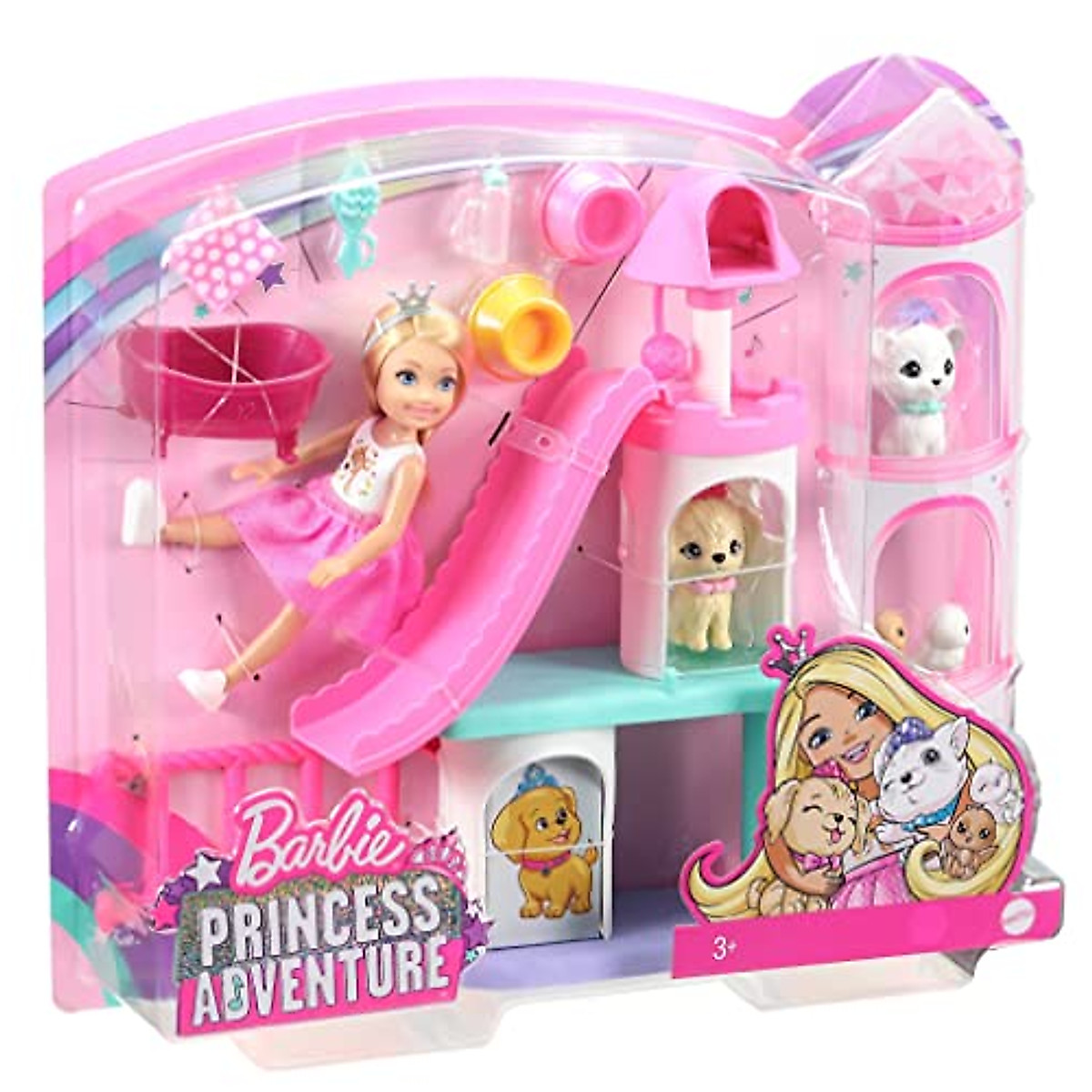 Barbie Princess Adventure Chelsea Pet Castle Playset, with Blonde Chelsea Doll (6-inch), 4 Pets and Accessories, Gift for 3 to 7 Year Olds