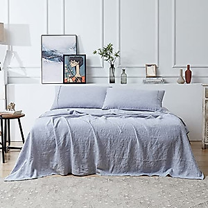 Berklan Linen Sheets King 100% French Natural Linen with Stone Washed 16 Inch Deep Pocket Organic Linen Sheets 200GSM Ultra Breathable(1 Flat 1 Fitted Sheet and 2 Pillowcases Blue King)