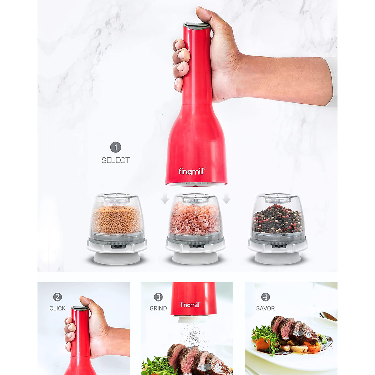 FinaMill's Award-Winning Battery Operated Salt and Pepper Grinder Set - Adjustable Coarseness, Ceramic Grinding Elements, LED Light, 2 Quick-Change ProPlus Pods - Perfect for Home Cooking & Gifting