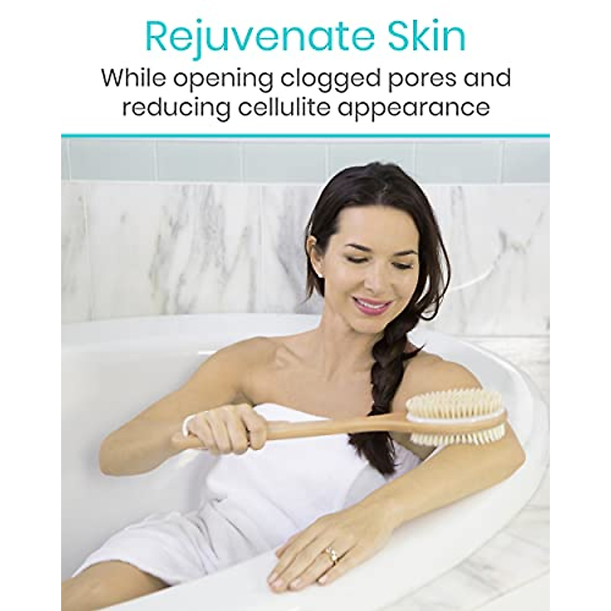 Vive Back Scrubber Brush for Shower - for Dry or Wet Body Brushing - Long Handle - Cleaning Lymphatic Drainage Handled Washer for Men, Women - Showering Bathing Exfoliator with Soft & Stiff Bristles