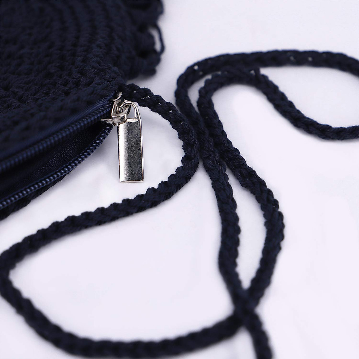 QTKJ Boho Long Cotton Tassels Crochet Flower Mini Crossbody Bag Handwoven Summer Beach Round Shoulder Bag with Zipper (Navy Blue)